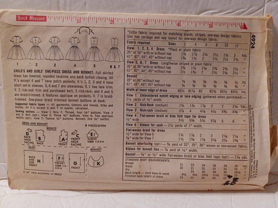 Vintage Simplicity Pattern 4924 Girls 1 Piece Dress & Bonnet Child Size ...