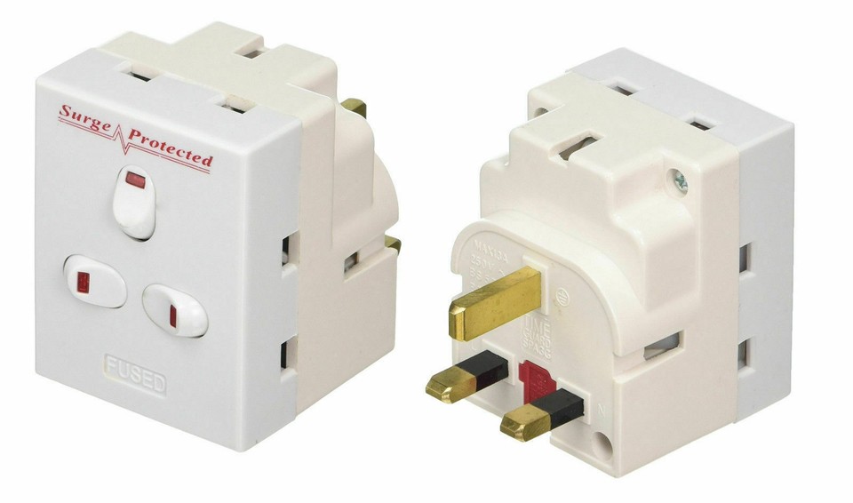 3 Way Triple Surge protected socket Mains Switched Adapter 13A Plug ...