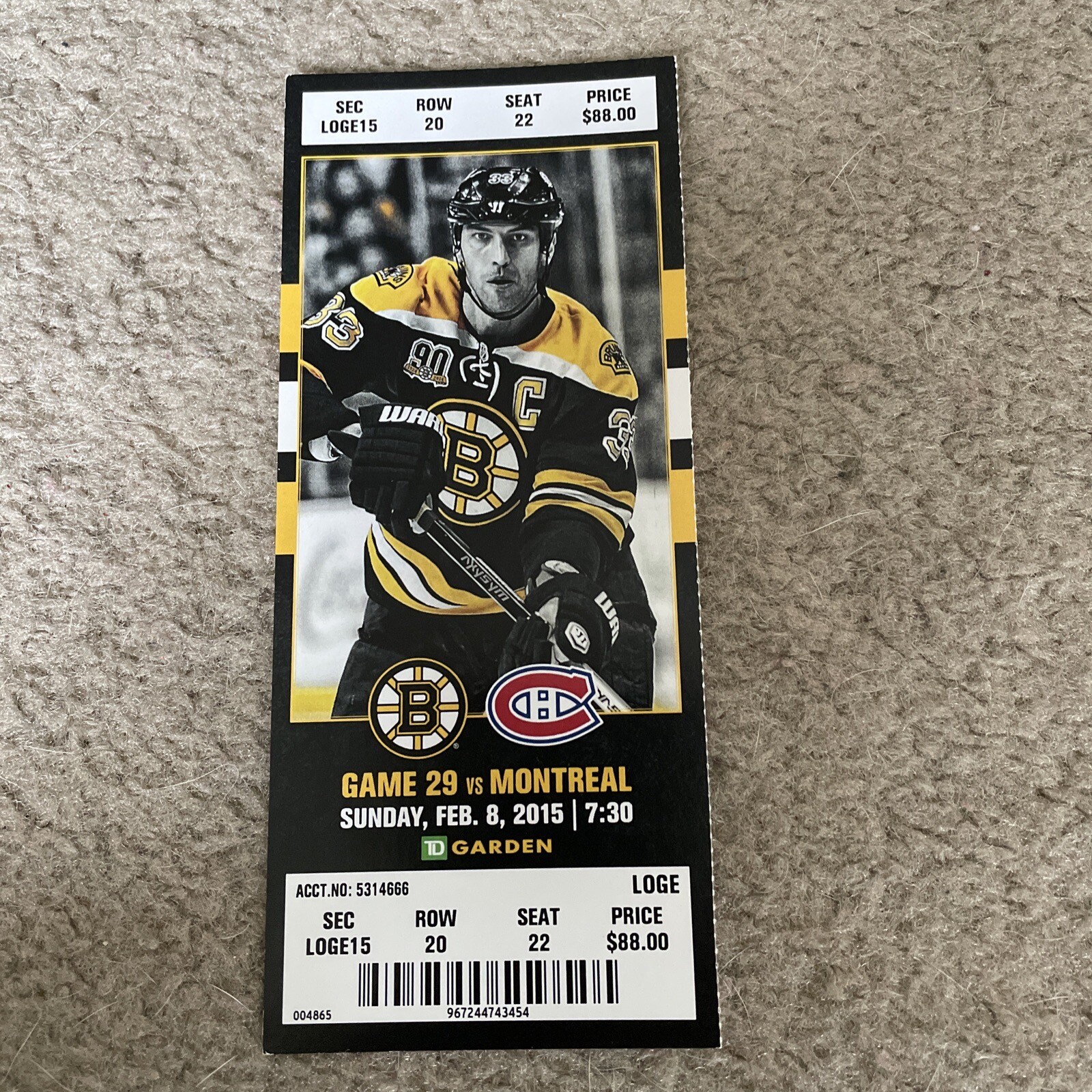 Boston Bruins 2/8/2015 NHL ticket stub vs Canadiens David Pastrnak Goal ...