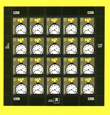 2002 AMERICAN CLOCK STAMP SHEET POSTAGE YELLOW EAGLE TIME GREEN ROMAN ...