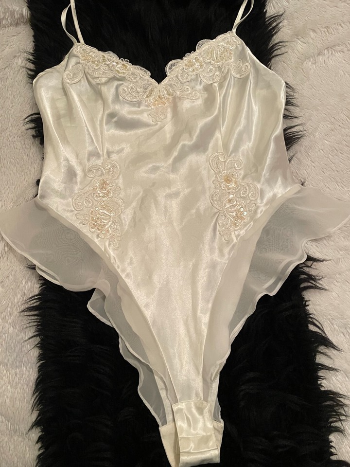 Vtg VICTORIA'S SECRET SATIN Chiffon Bodysuit Teddy Sequin Faux Pearls ...