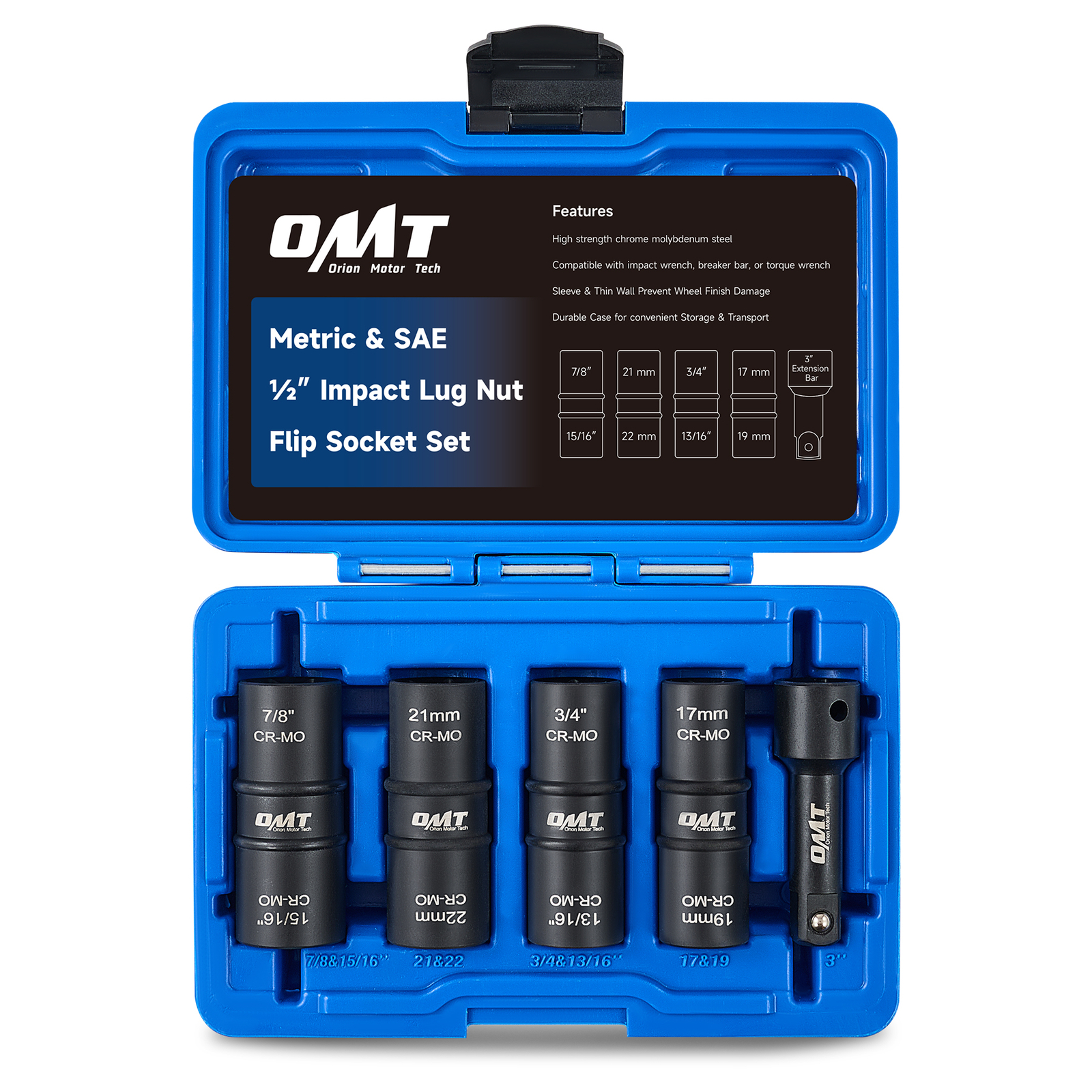 OMT Impact Socket Set 5pc 1/2'' Drive Lug Nut Flip Socket Set Metric ...