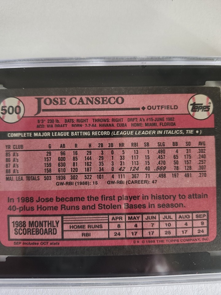 1989 Topps #500, Jose Canseco, NO Errors NO Misprint, Well Centered ...