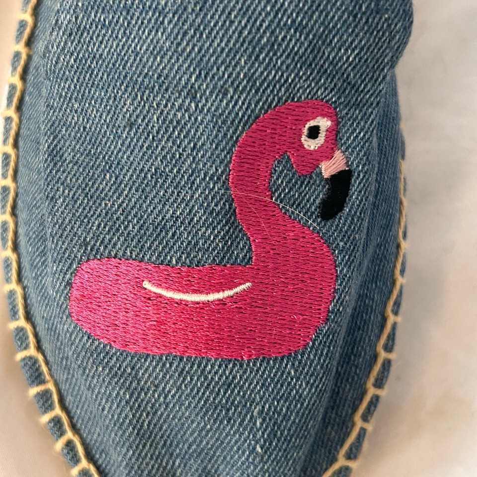 Mary Matson x Soludos Denim Espadrilles Sz 8 Flamingo Duck Embroidered ...
