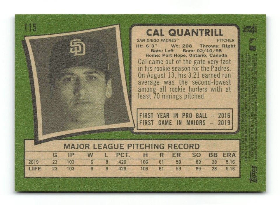 2020 Topps Heritage Cal Quantrill #115 San Diego Padres Baseball Card ...