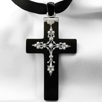 Black Cross Onyx Victorian Antique Gothic design 925 Sterling Silver ...