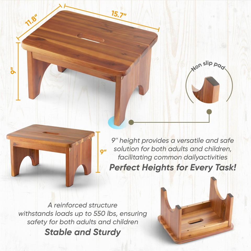 Wooden Step Stool 9'' One Step Stool for Adults Wooden Beside Step ...