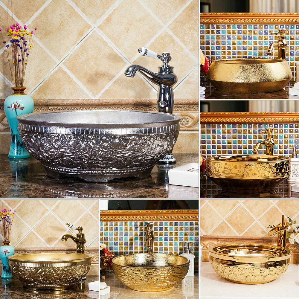Gold Ceramic Bathroom Basin Vessel Sink Mixer Faucet Tap Pop-up Drain ...