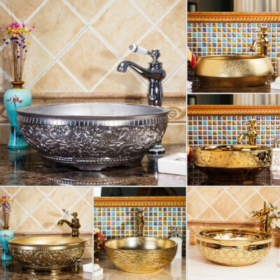 Gold Ceramic Bathroom Basin Vessel Sink Mixer Faucet Tap Pop-up Drain ...