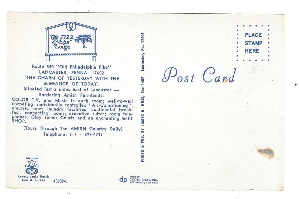 The 1722 Motor Lodge Lancaster Pa Pennsylvania Postcard Rte 340 MCM ...
