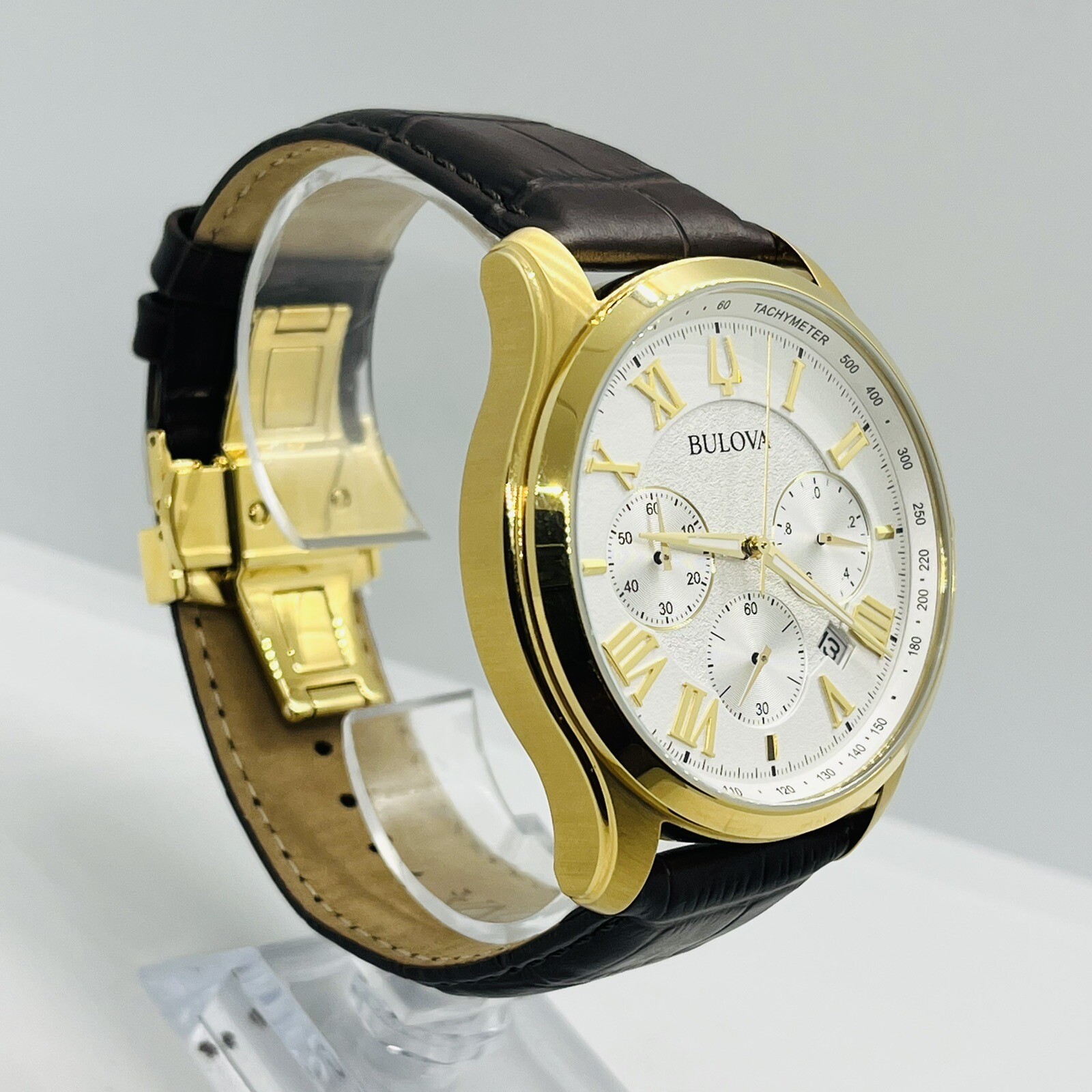 Bulova Men's Wilton Chronograph Gold Steel Leather 46mm Steel Watch ...