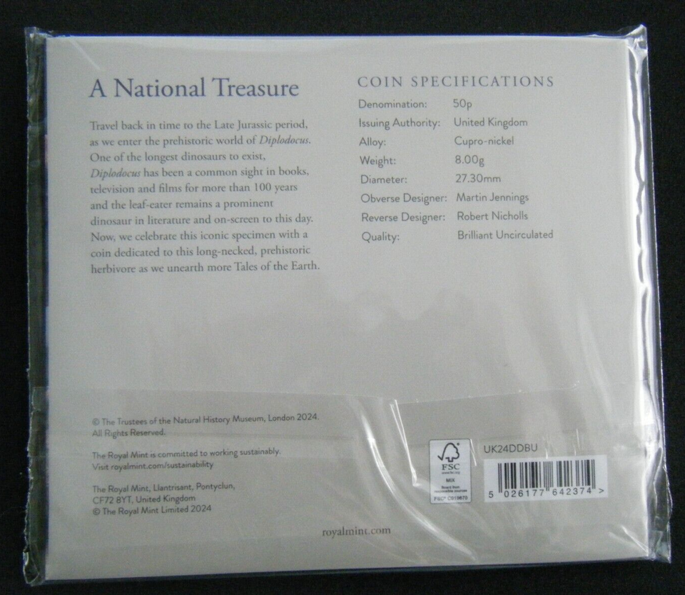 2024 Diplodocus Dinosaur 50p Coin BU Pack Natural History Museum - in ...