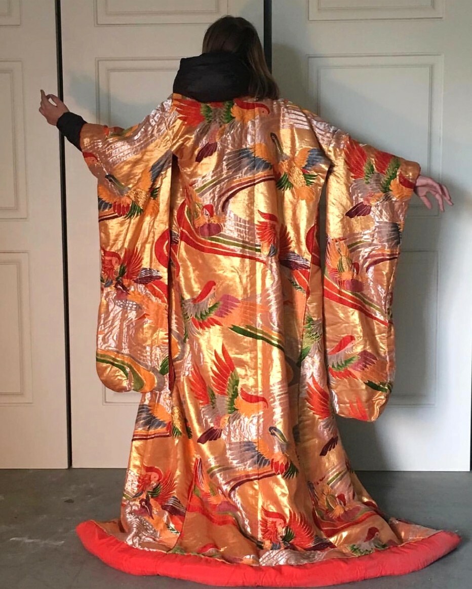 Vintage Japanese Wedding Uchikake Gold Silk Kimono Mandarin Duck Robe ...