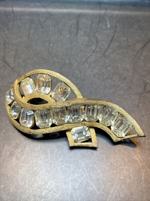 Vintage Signed Kramer Gold Tone Ribbon Clear Rhinestone Pin Brooch | eBay