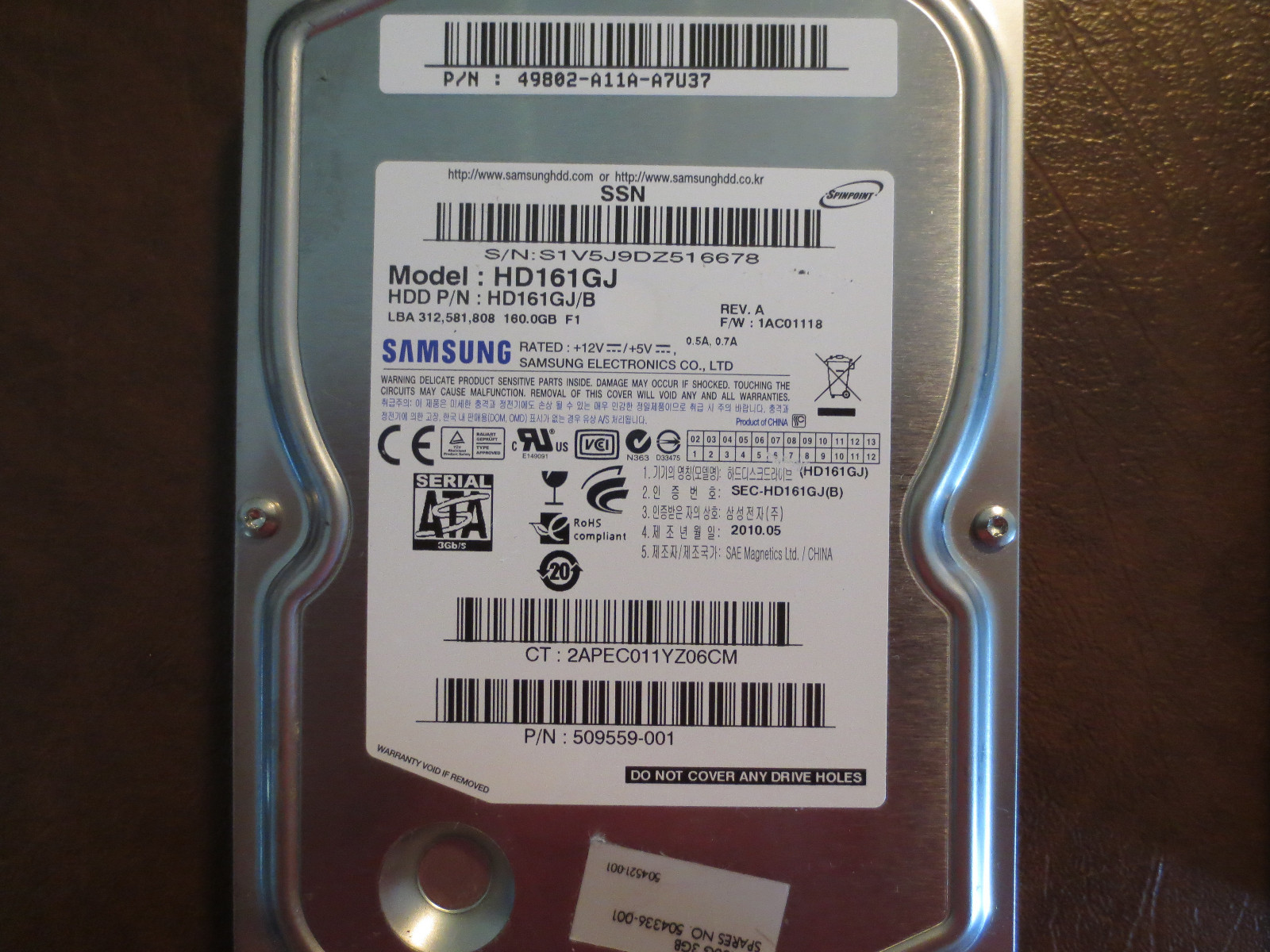 Samsung HD161GJ (HD161GJ/B) SSN REV.A FW:1AC01118 160gb 3.5" Sata Hard ...