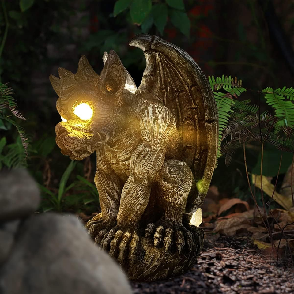 Large Winged Gargoyle Statue with Solar Lights Outdoor Decor, Sitting ...