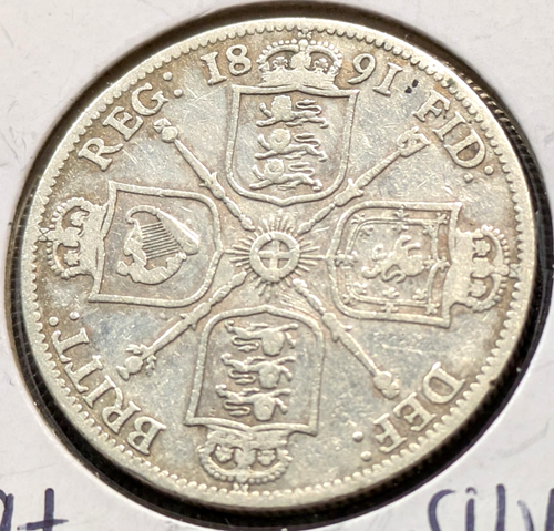 1891 UK GB Great Britain Florin 2 Shilling Victoria .925 Silver Coin KM ...