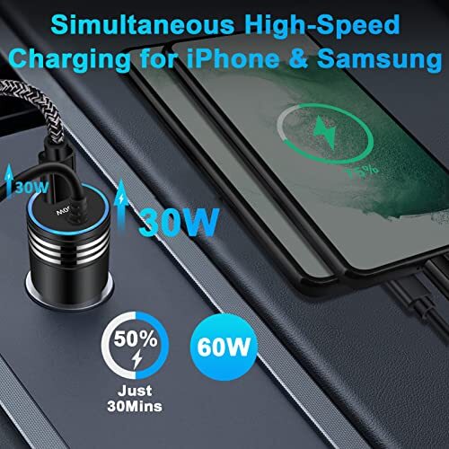 60W Super Fast Charging Android Car Charger Type C Rapid Samsung Car ...
