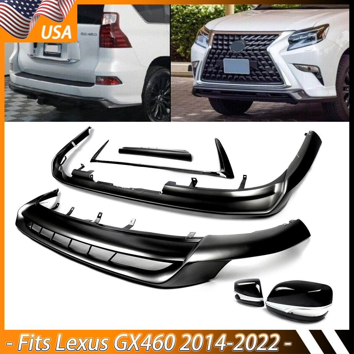 Fits 14-22 Lexus GX460 Gloss Black Front Rear Lip Spoiler Mirror Cover ...