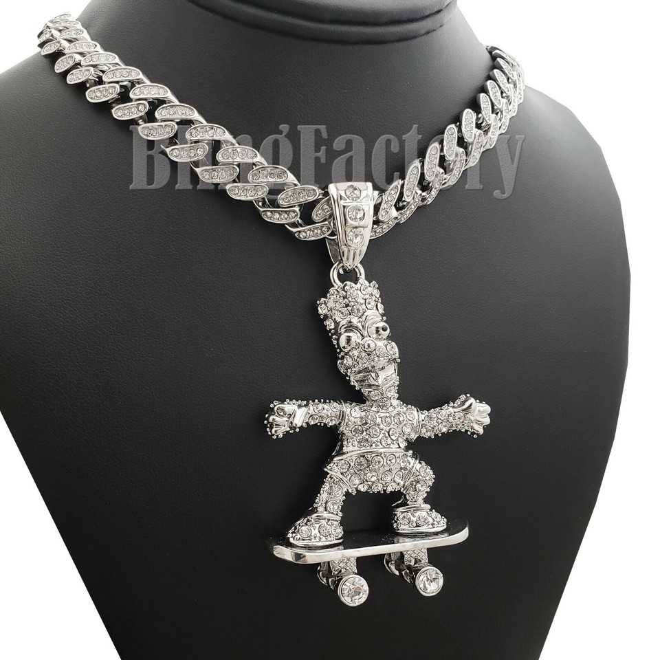 Hip Hop Simpsons Skateboard pendant & 20" Iced Cuban Choker Chain Bling ...