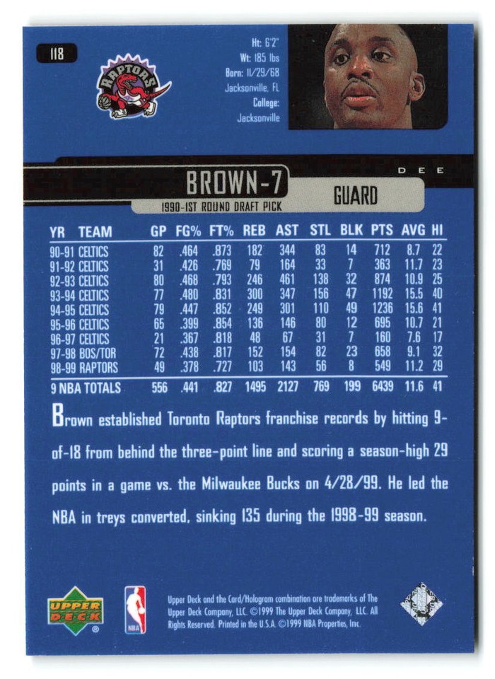 1999-00 Upper Deck Dee Brown #118 Toronto Raptors BASKETBALL Card | eBay