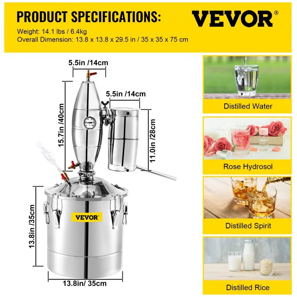 VEVOR 30L 7.9Gal Water Alcohol Distiller 304 Stainless Steel Alcohol ...