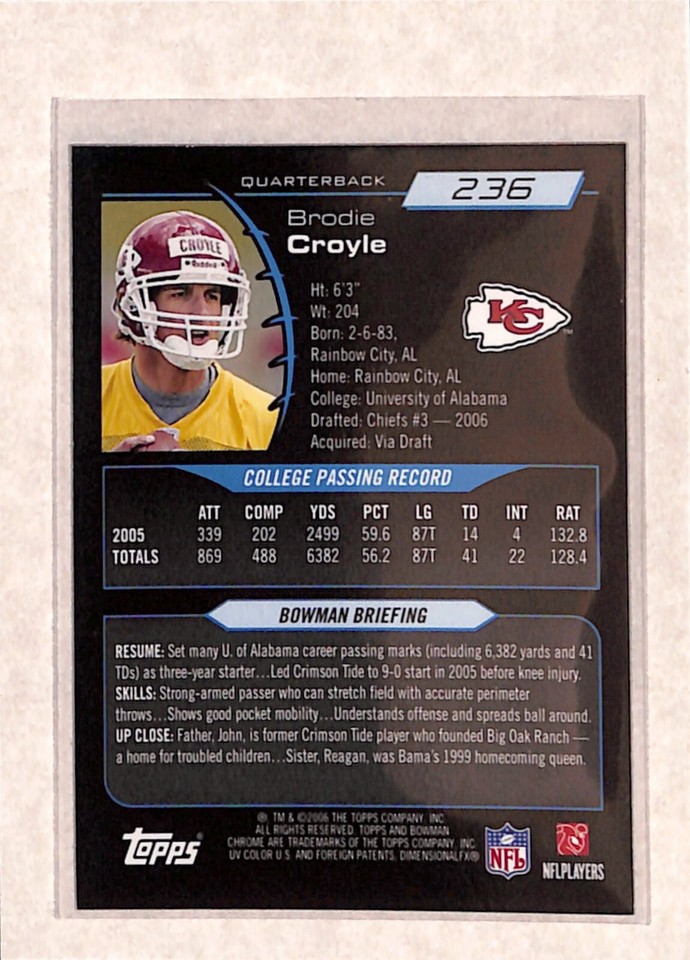 2006 Bowman Chrome Rookie 236 Brodie Croyle RC NM | eBay