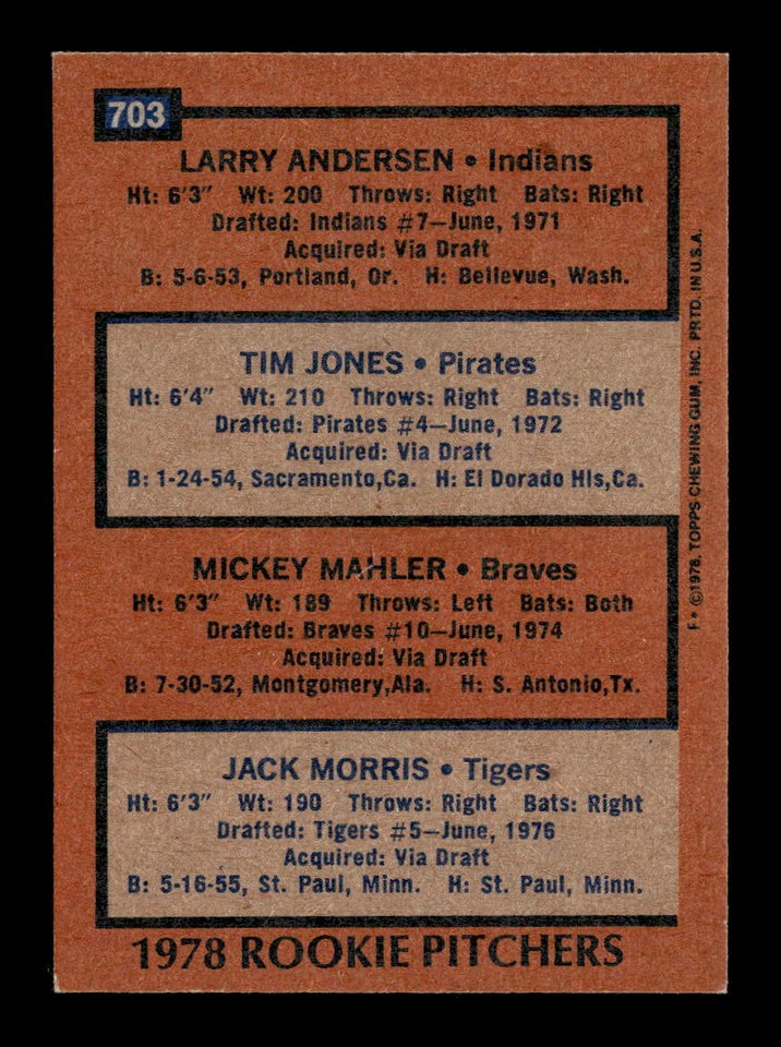 1978 Topps #703 Jack Morris Detroit Tigers Rookie RC HOF EX-MT+ Card ...