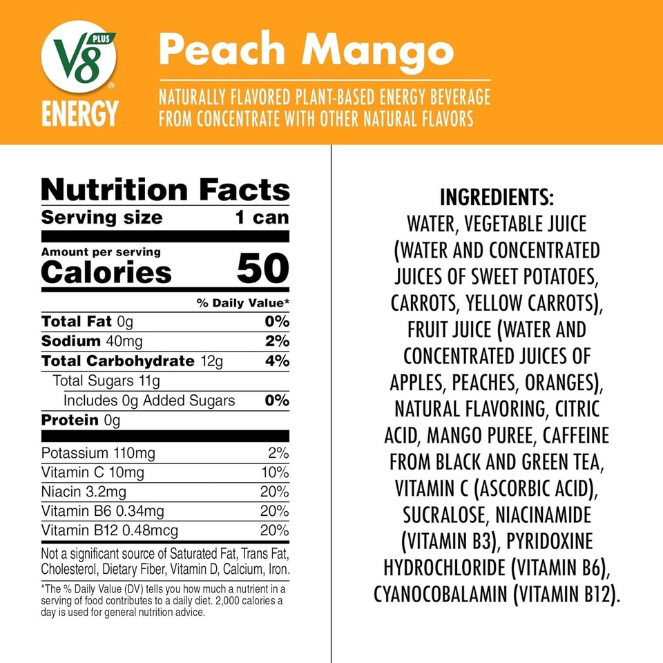 V8 +ENERGY Peach Mango Energy Drink Made with Real 8 Fl Oz (Pack of 24 ...