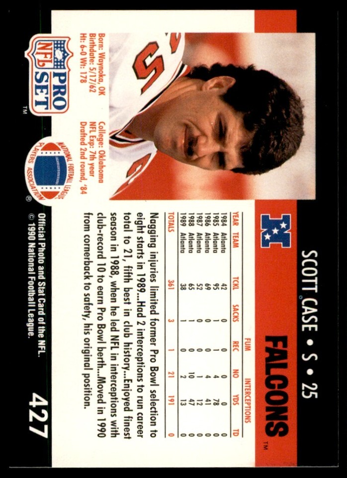 1990 Pro Set Scott Case Atlanta Falcons #427 | eBay
