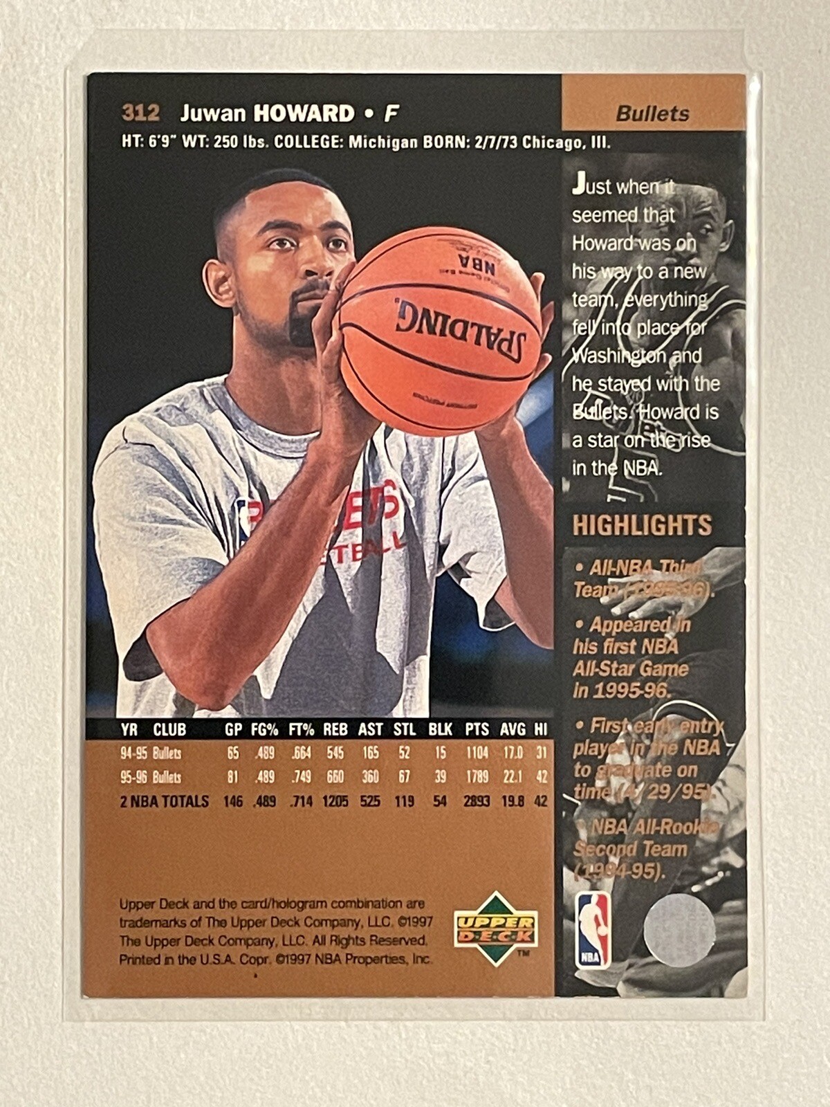 JUWAN HOWARD 1996-97 UPPER DECK NBA CARD WASHINGTON BULLETS #312 FREE ...