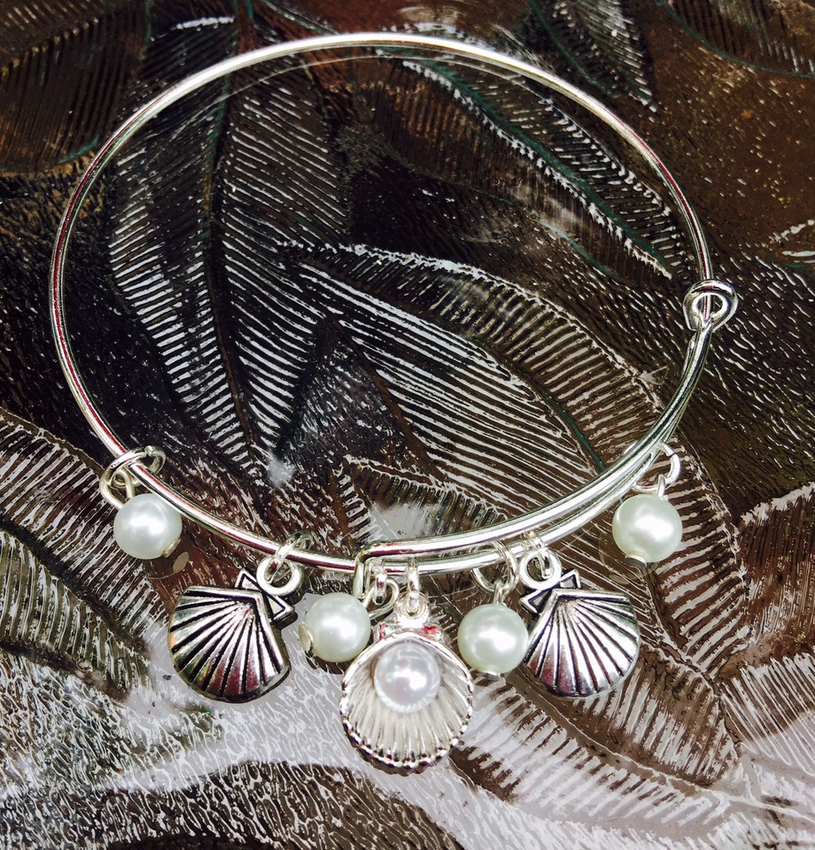Sea shells & pearls /Ocean - Silver charm Expandable Bangle Bracelet | eBay