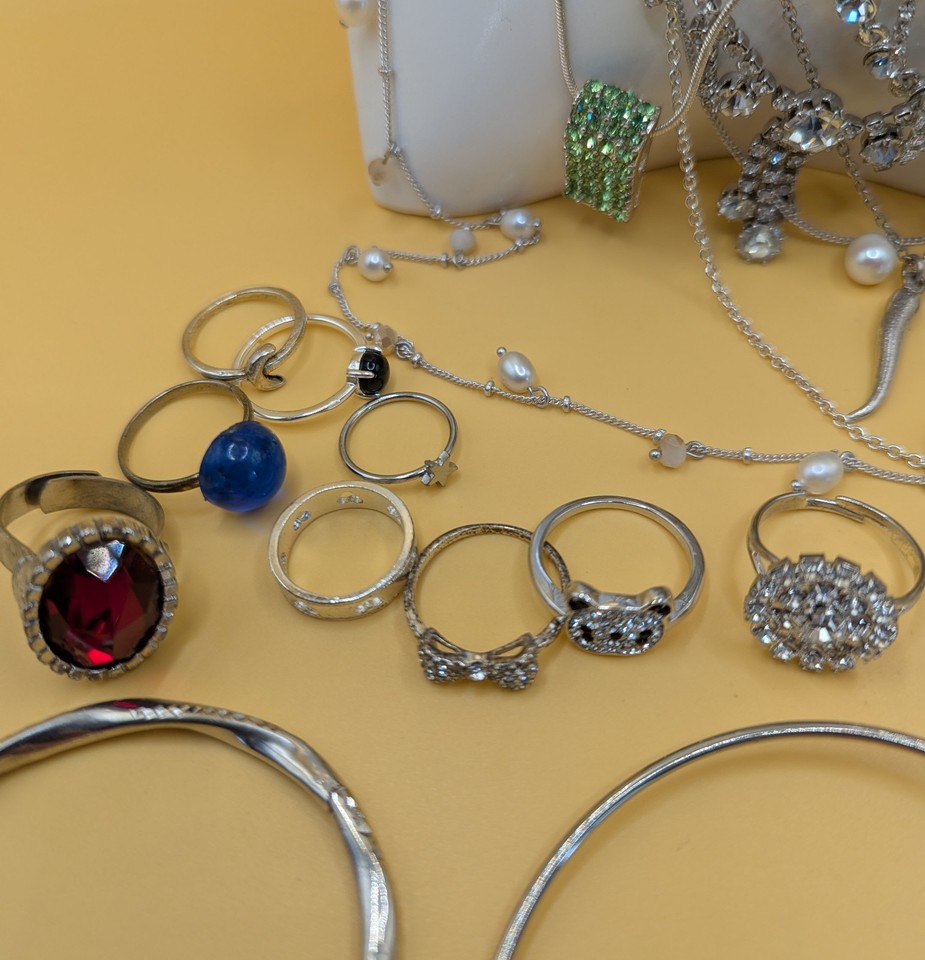 Job Lot Silver Tone Necklaces Rings and Bracelets Costume Jewellery ...