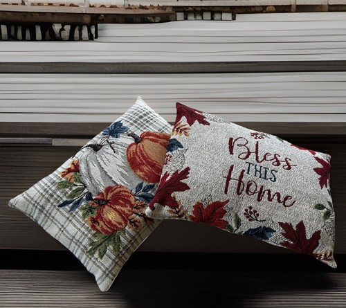 PAIR/2 FALL THROW PILLOWS BLESS THIS HOME DLB SIDED PUMPKINS 16”X 12 ...