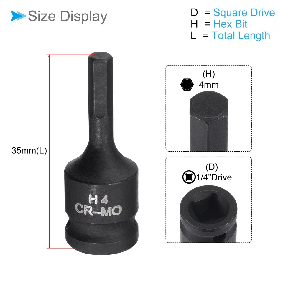 Metric Impact Hex Bit Socket 4mm 1/4" Drive 35mm for Torque Wrench ...