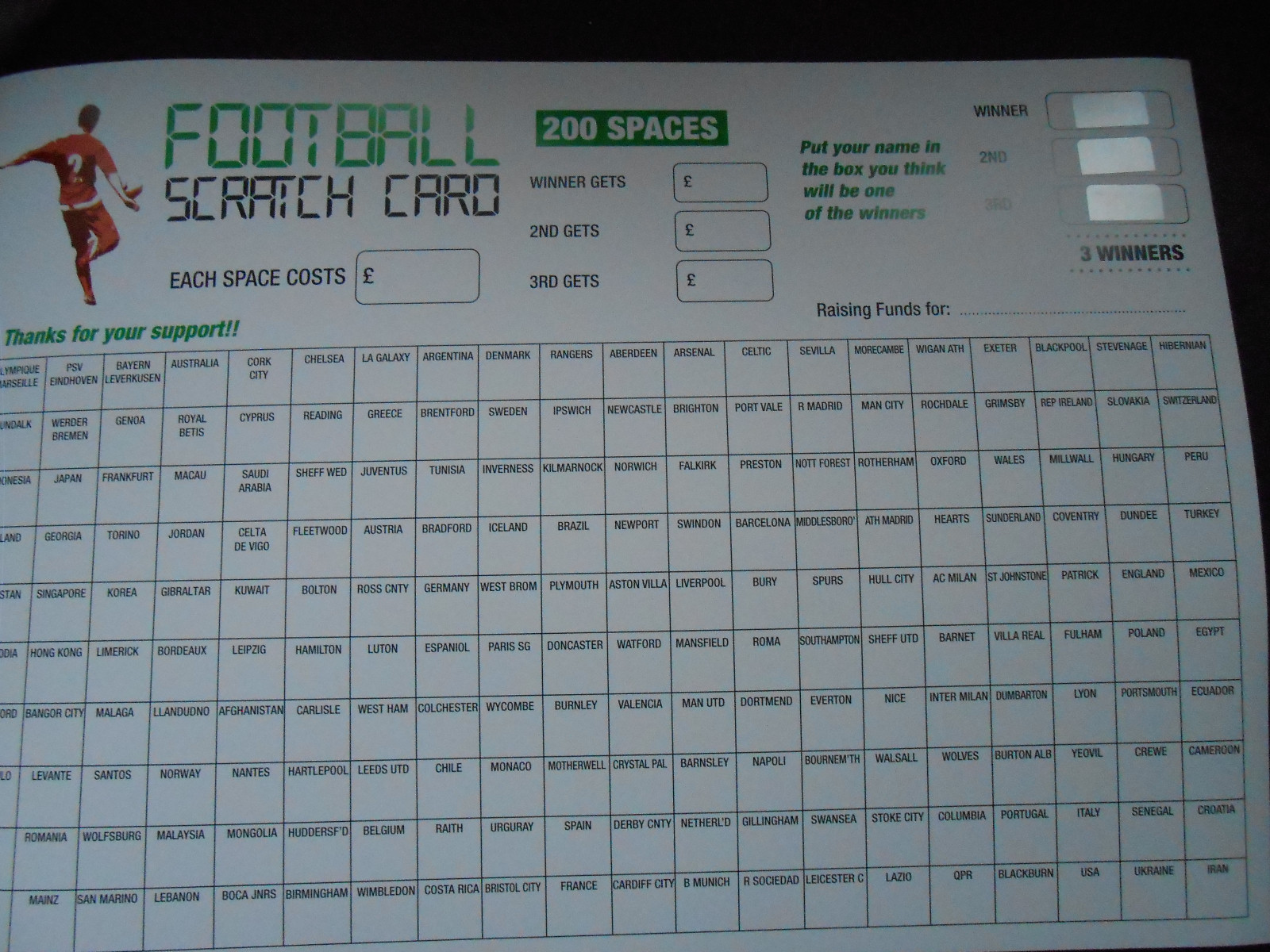 FOOTBALL SCRATCH CARD = SET OF 5 CARDS = 200 SPACES - 3 SEPERATE ...