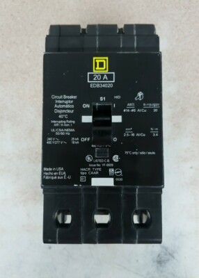 Square D EDB34020 20A 3 Poles Bolt On Circuit Breaker *Chipped ...