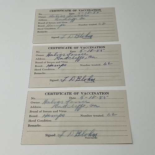 1955 Certificate Of Vaccination Radcliff IA Receipt For 62 Hamps ...