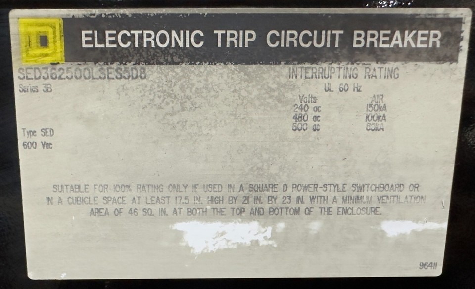 SQUARE D SE SED 2500 AMP CIRCUIT BREAKER SED362500LSES5D8 DRAW OUT ...