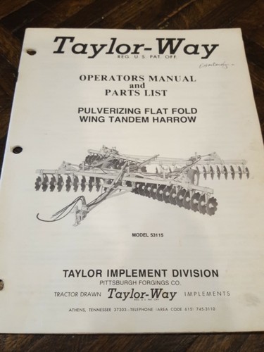 Taylor Way Parts Manual Catalog Operators Pulverizing Flat Fold Disk ...