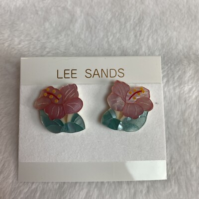 Vintage Lee Sands shell inlay pink Hibiscus Flower Pierced post ...
