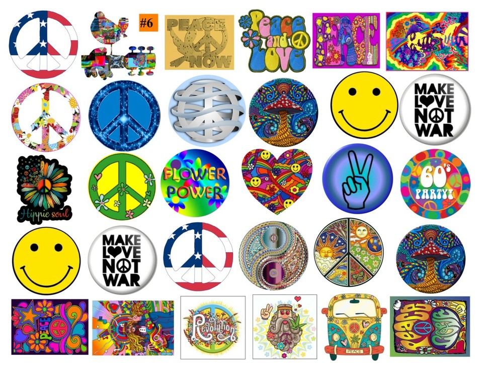 60's Hippie paper stickers, 30 stickers per sheet 1.5"x1.5" size around ...