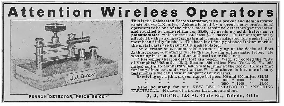 1909 J.J. Duck Ferron Detector For Early Spark Era Radio Receiving Sets ...
