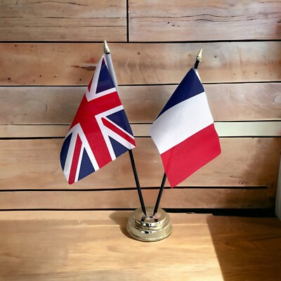 UNION JACK & AND FRANCE Friendship TABLE FLAGS with GOLDEN BASE French ...