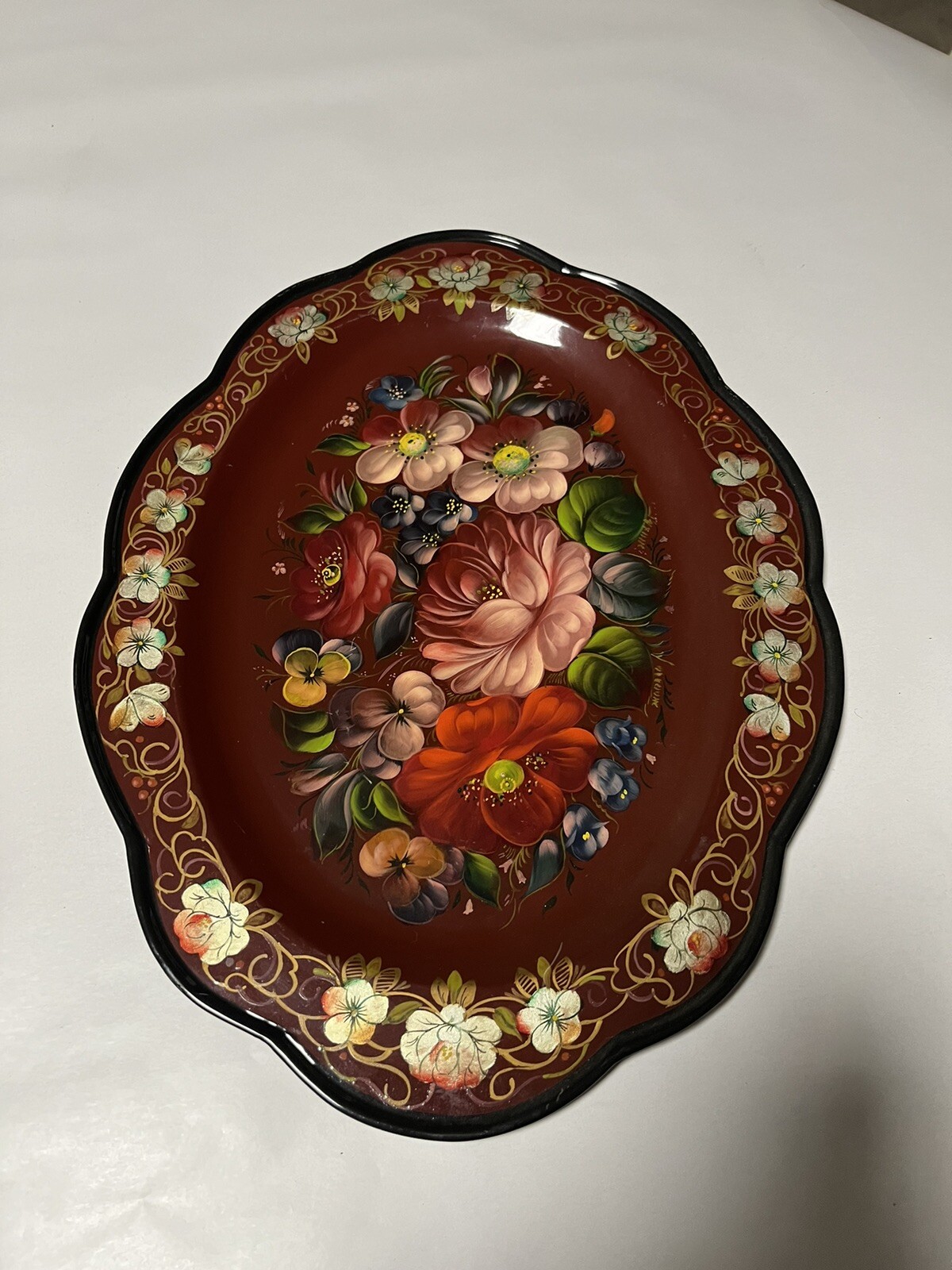 Vintage Zhostovo Tray Russian Traditional Flowers Artwork Oval Hand ...