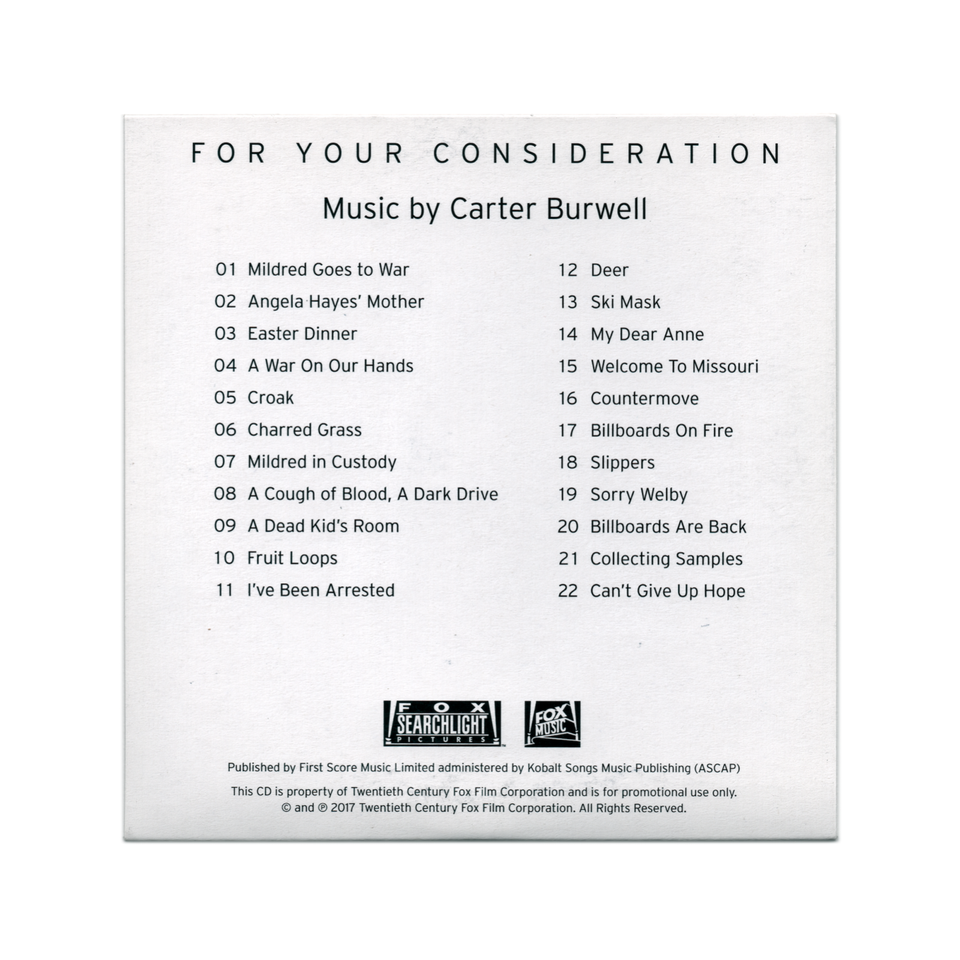 FYC Three Billboards Carter Burwell Oscars Promo CD Soundtrack Martin ...
