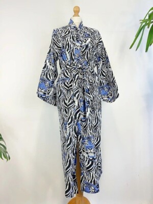 Indian Blue Large Tiger Face Cotton Long Kimono Robe Night Maxi Gown ...