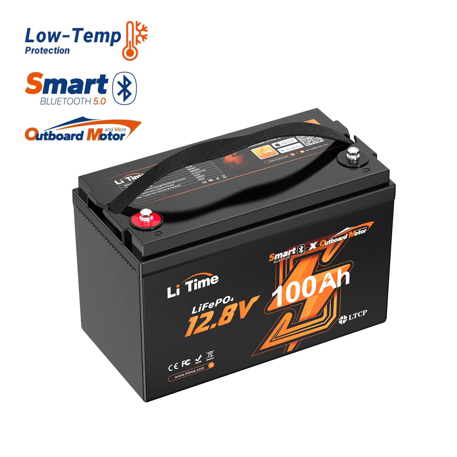 LiTime 12V 100Ah Trolling Motor Bluetooth LiFePO4 Lithium Battery For ...