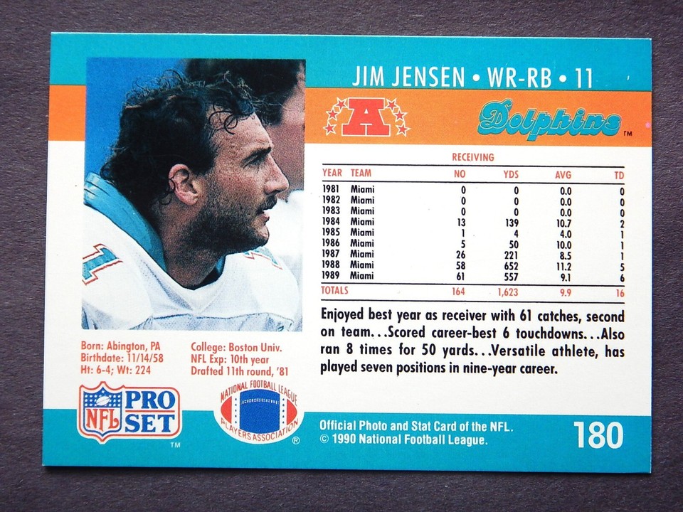 Jim Jensen #180 Pro Set 1990 Football Card (Miami Dolphins) LN | eBay