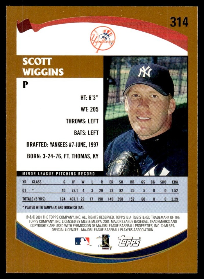 2002 Topps Baseball Card Scott Wiggins Rookie C New York Yankees #314 ...